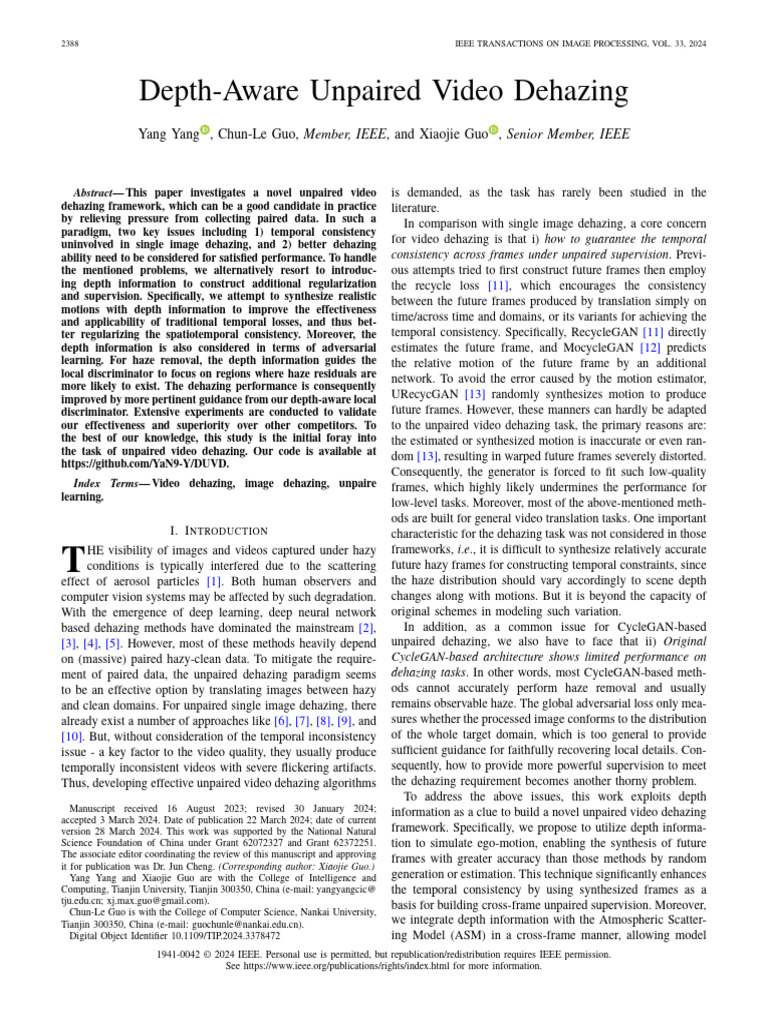 Depth-Aware Unpaired Video Dehazing | PDF | Video