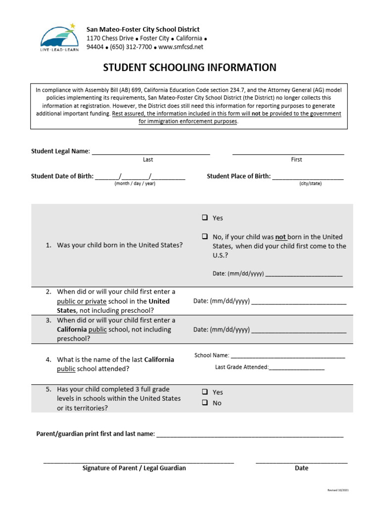 Student Schooling Information ENG_SPA 10_2021 Update | PDF