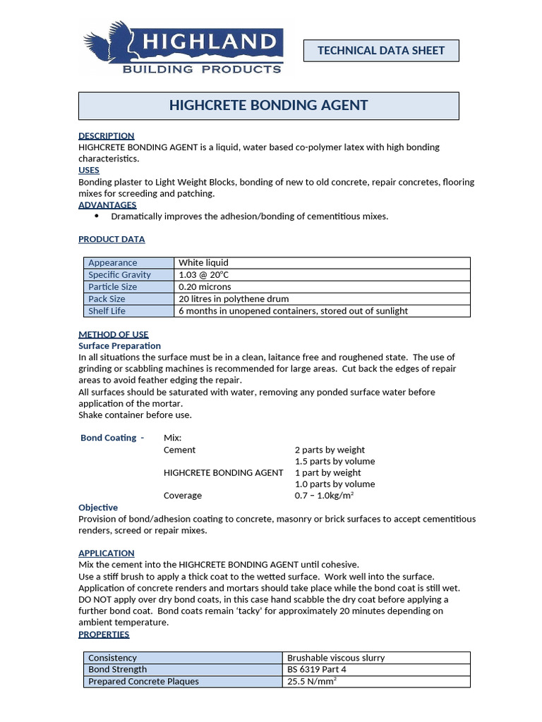 hiland bond data sheet | PDF | Concrete | Cement