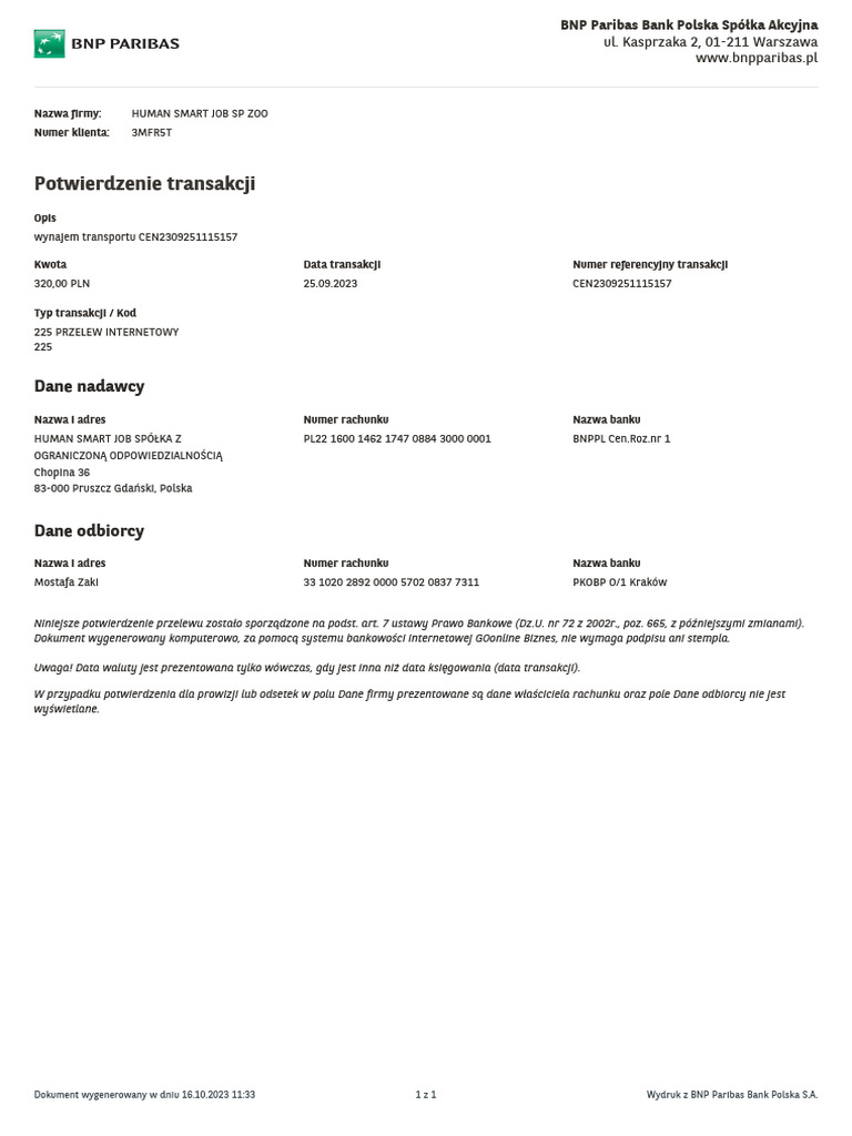 Potwierdzenie Transakcji 20231016113326778 | PDF