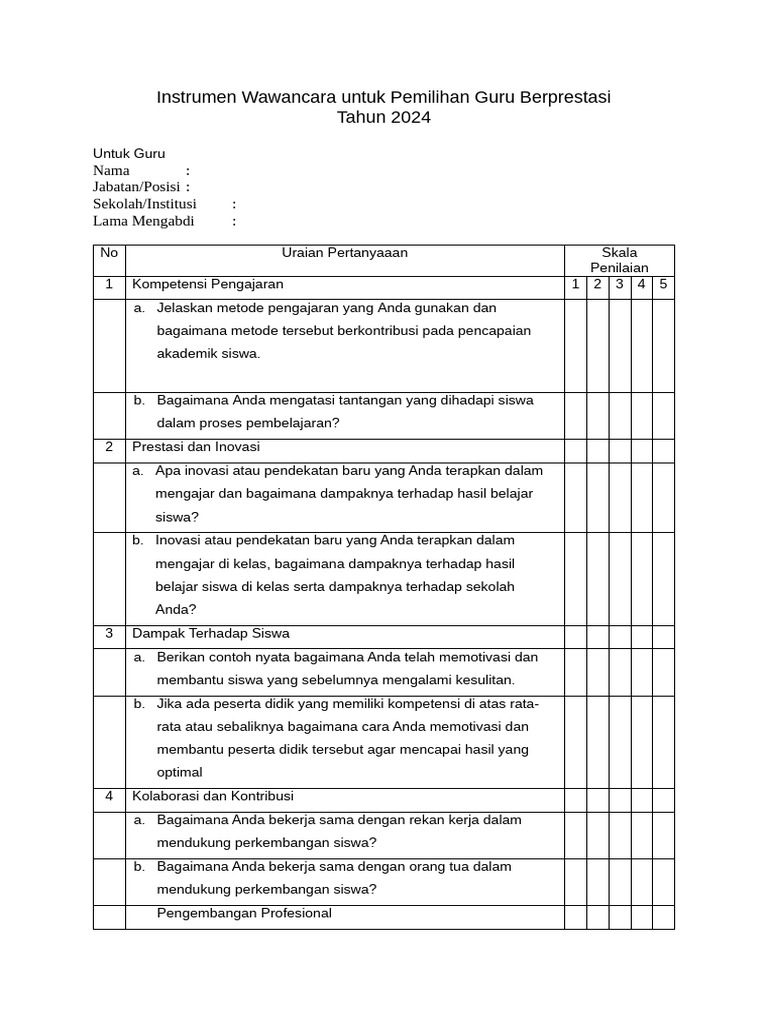 Instrumen Wawancara Untuk Pemilihan Guru Berprestasi | PDF