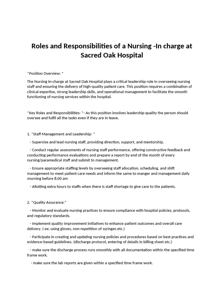 Sop Nursing Incharge | PDF | Nursing | Patient