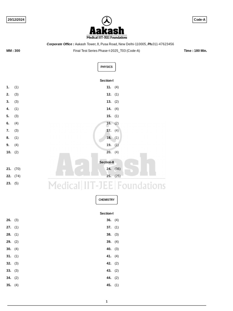 FTS -03 Answer Key | PDF | Physical Sciences