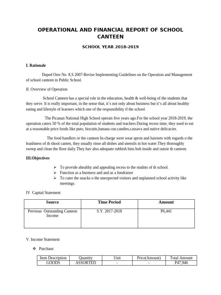 Canteen Report 2018-2019.docx New | PDF | Foods | Cuisine