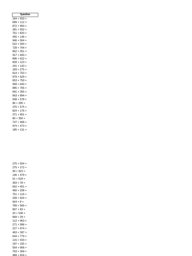 Addition Questions | PDF