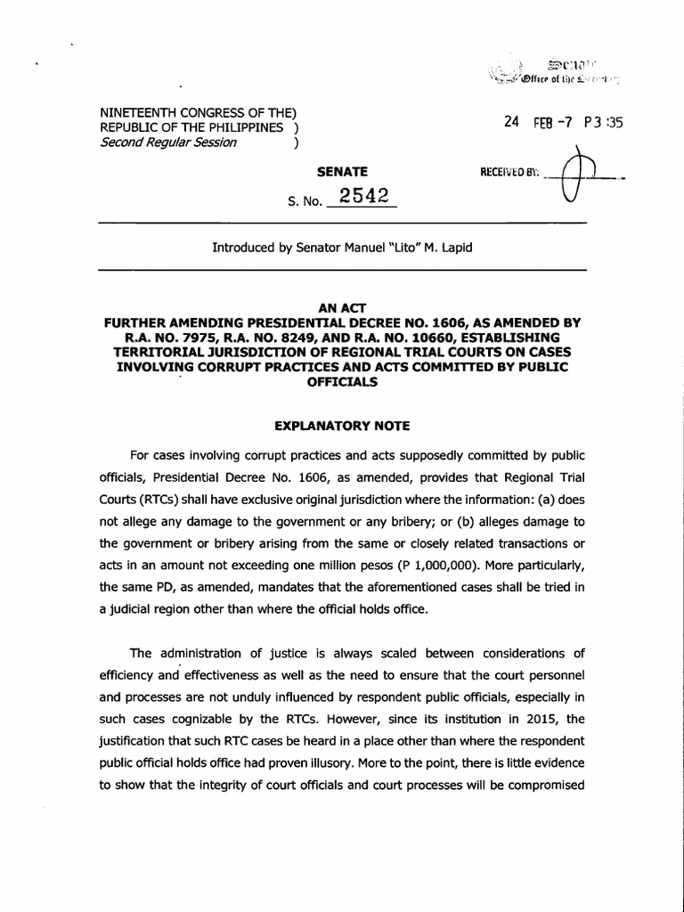 Senate Bill No. 2542 - Territorial Jurisdiction of RTC in Graft and ...