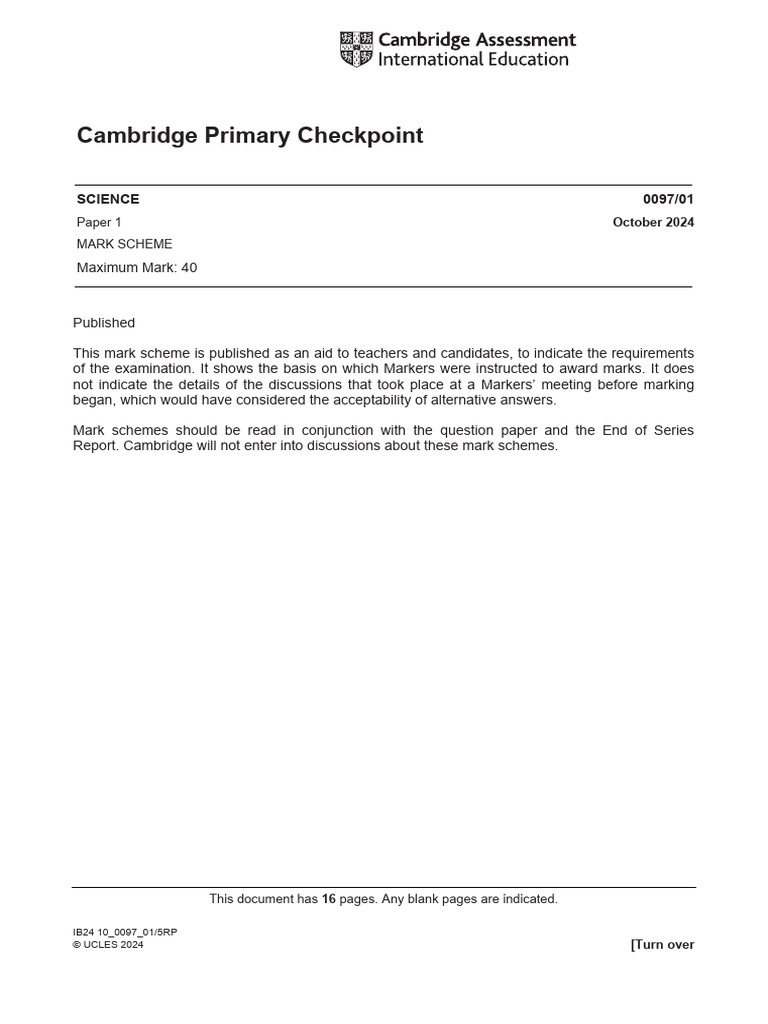 Cambridge Primary Science P1 Mark Scheme | PDF | Gases | Planets In ...