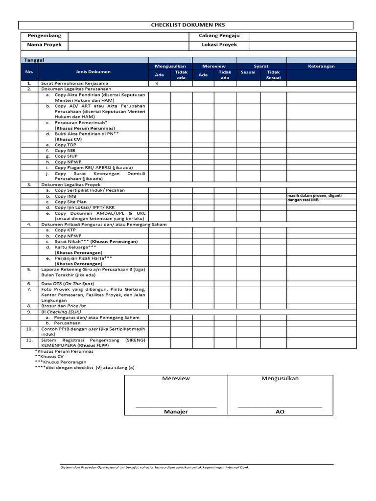 Form Check List Dokumen PKS Pengembang - Kantor Cabang | PDF