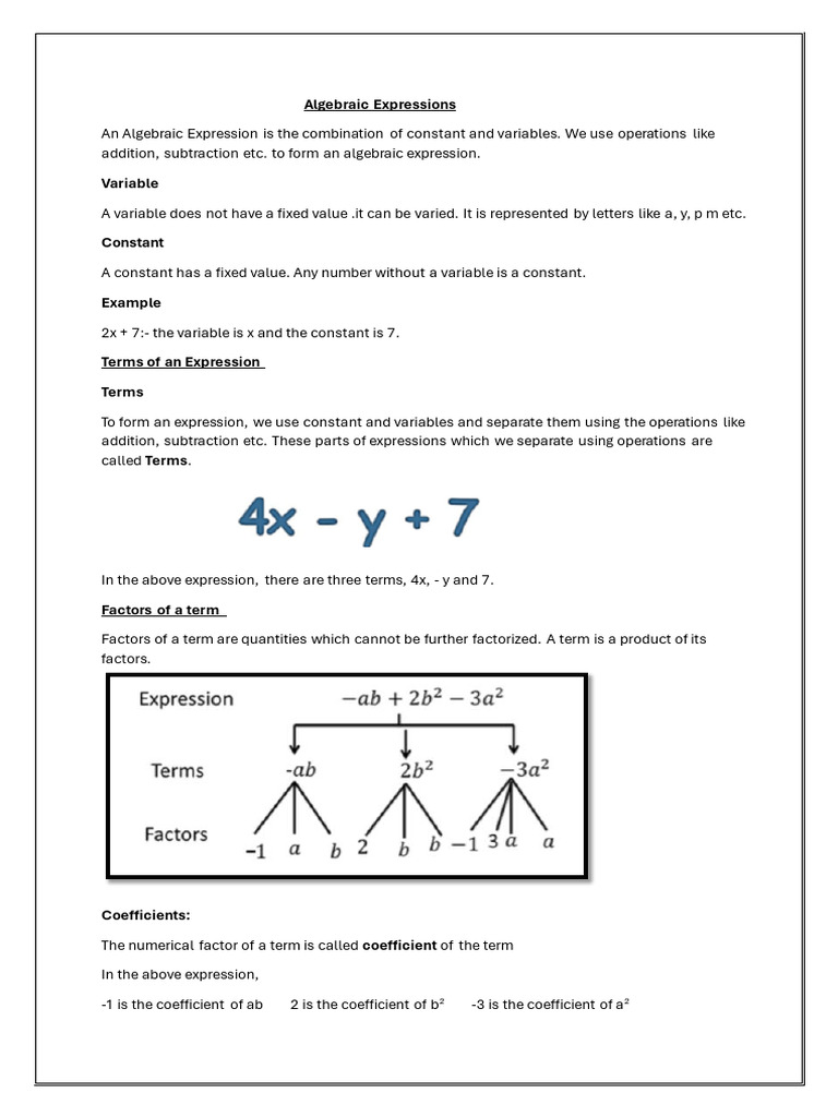 Algebraic Expressions Notes | PDF