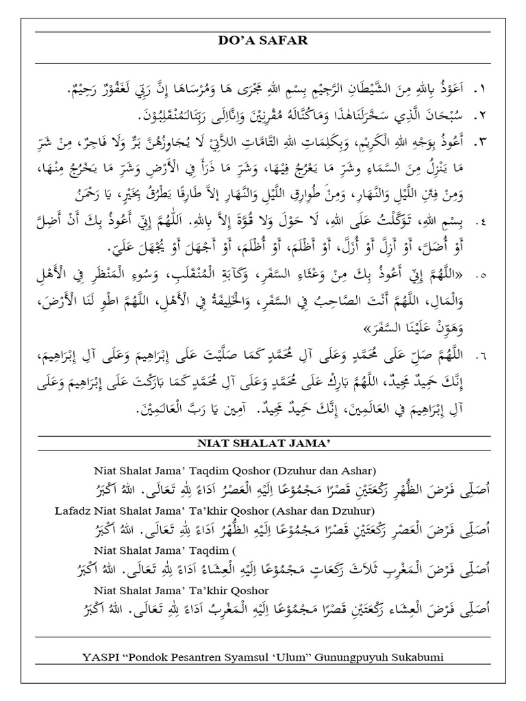 2024 DOA DAN KAIFIYAT SHALAT SAFAR-NIAT SHOLAT JAMA' QOSHOR-DO'A | PDF