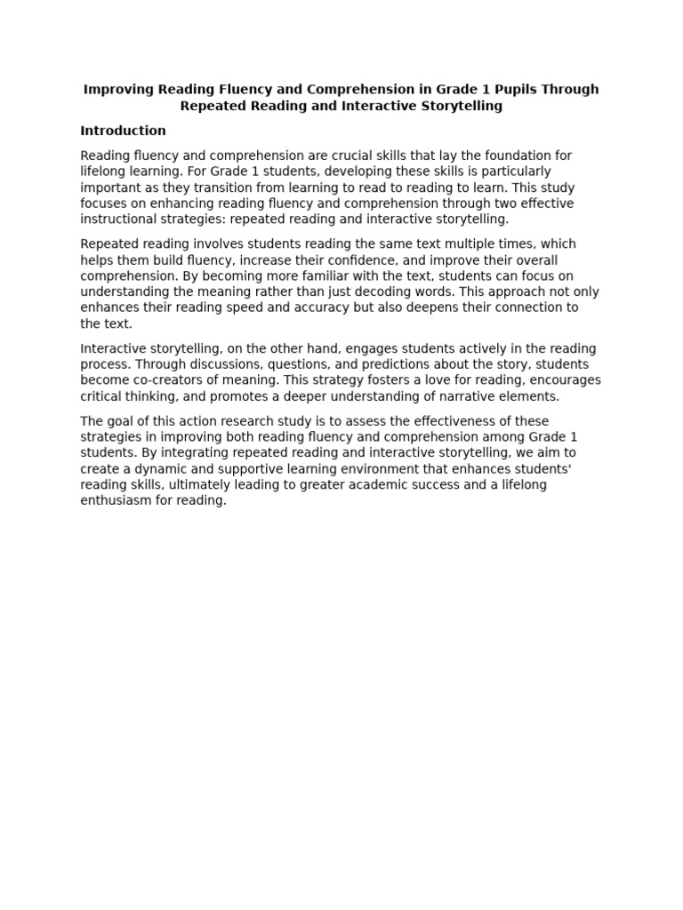 Improving Reading Fluency and Comprehension in Grade 1 Pupils Through ...