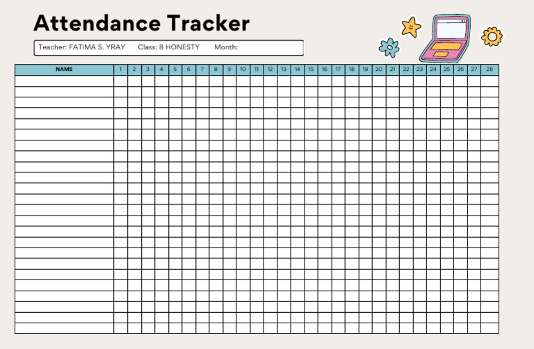 Attendance Tracker in Pastel Color and Monochromatic Simple Style (13 x ...
