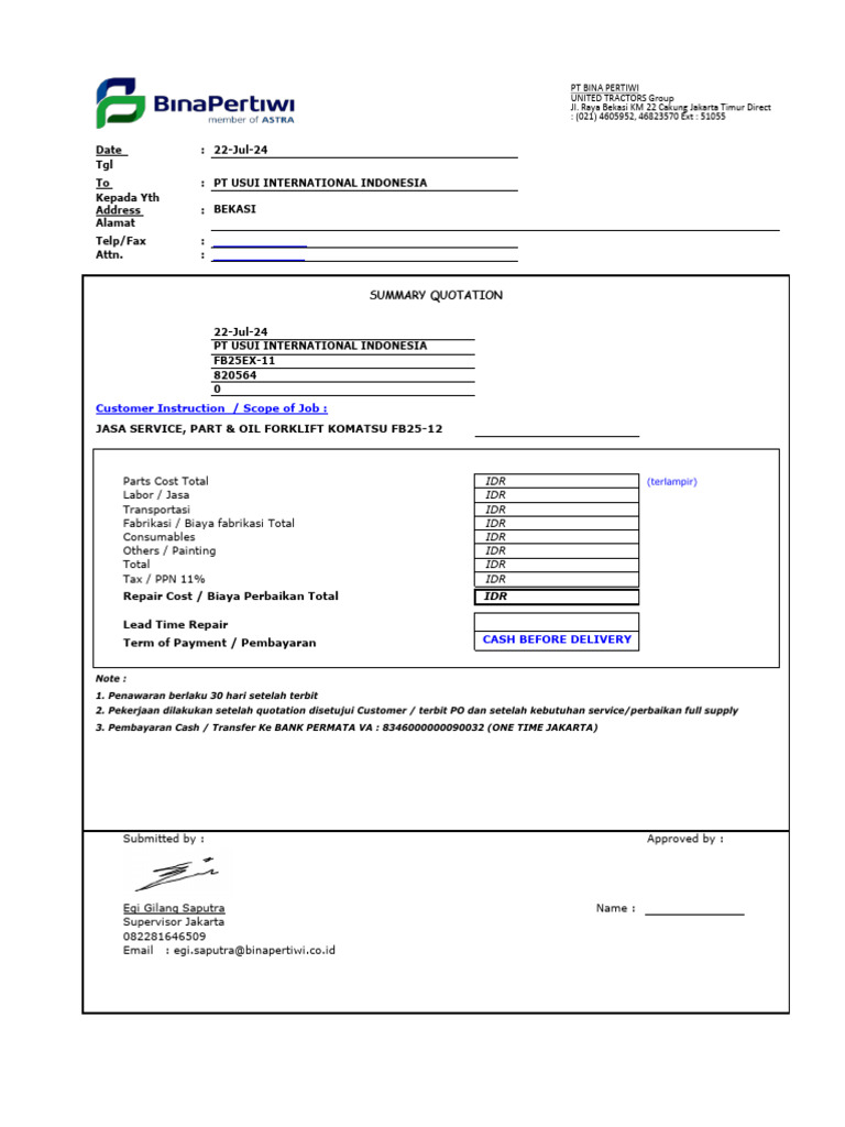 SQ Jasa Service, Part & Oil Forklift Komatsu Fb25ex-11 SN 820564 PT Usui International Indonesia ...