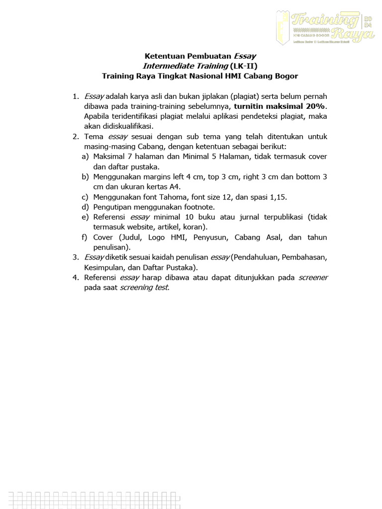 Ketentuan-Essay-LK(II)-Training Raya-HMI Cabang Bogor-2024 | PDF Ketentuan-Essay-LK(II)-Training Raya-HMI Cabang Bogor-2024 | PDF