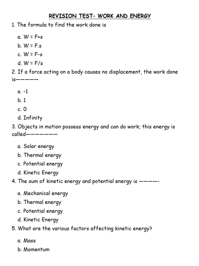 Test - Work and Energy - Short Answer Test | PDF