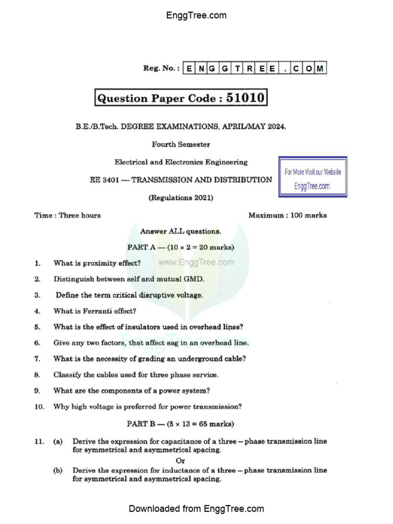 EE3401 Transmission and Distribution Apr May 2024 Question Paper ...