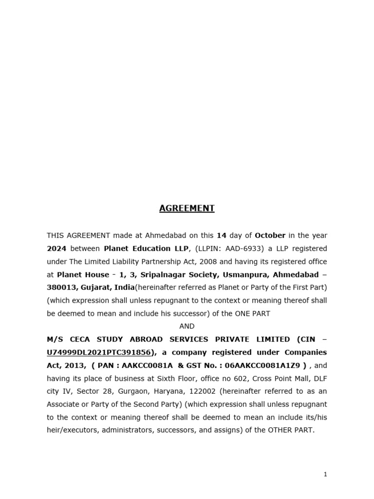 Ba Draft Agreement - Ceca Study Abroad Services Private Limited | PDF | Breach Of Contract ...