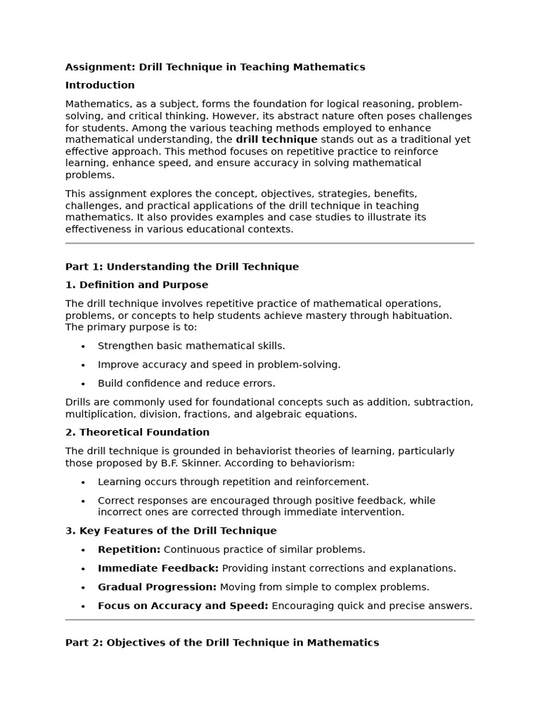 Drill Technique in Teaching Mathematics | PDF | Mathematics | Learning