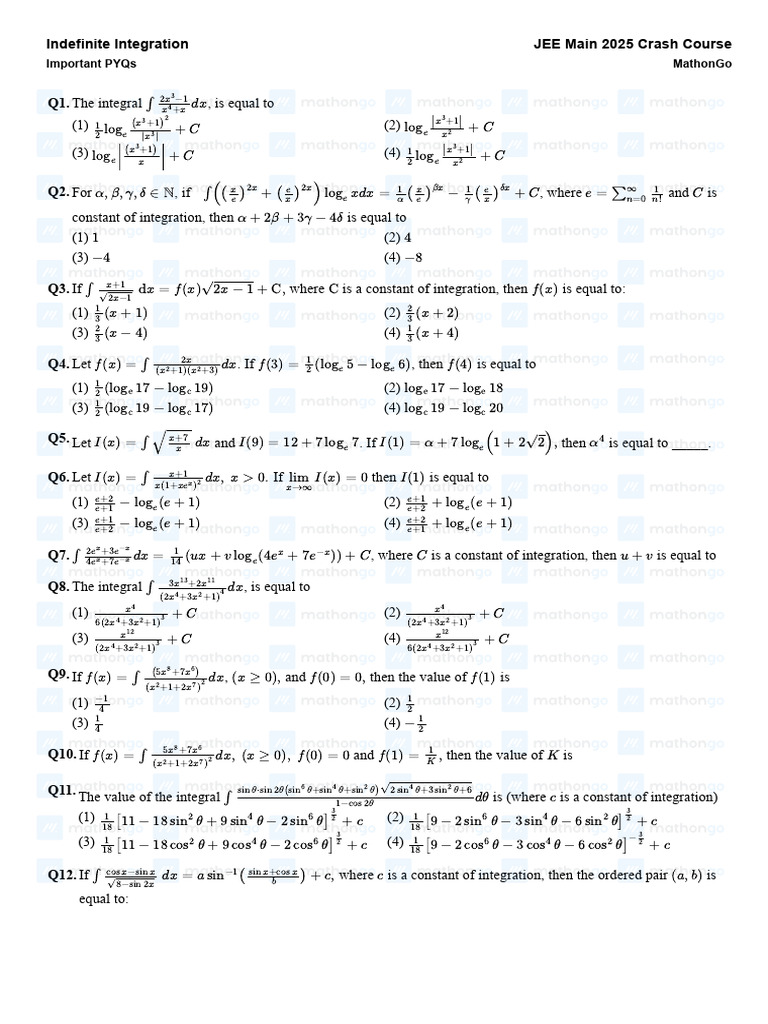 Important PYQs - Indefinite Integration | PDF | Mathematical Analysis