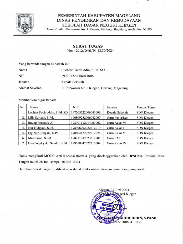 Surat Tugas MOOC Anti Korupsi Batch 4 | PDF