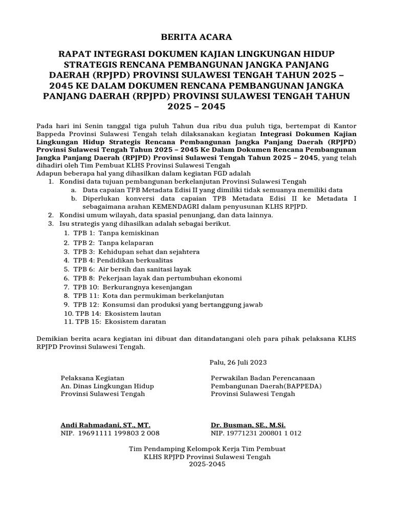 Berita Acara Integrasi KLHS RPJPD Sulteng | PDF