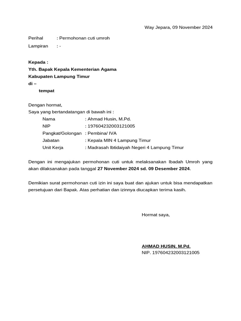 Contoh Surat Permohonan Cuti Umroh | PDF