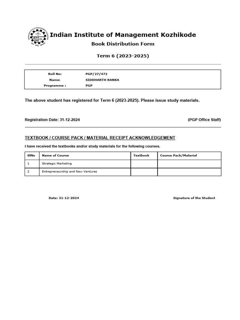 IIM Kozhikode Term 6 Book Distribution Form | PDF
