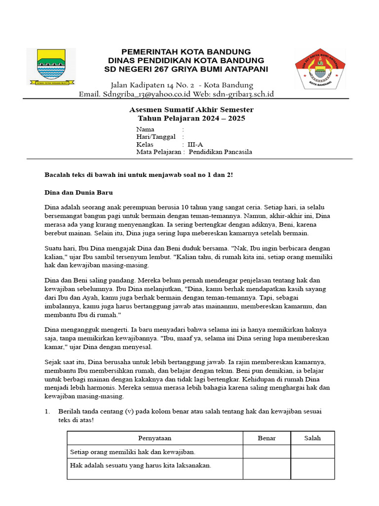 SOAL ASAS Pen Pancasila Kelas 3 | PDF