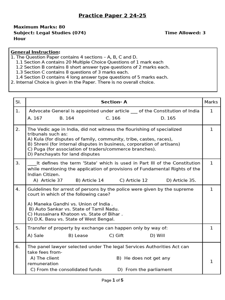 Legal Studies Class 12 Practice Paper 2 (24-25) | PDF | Judiciaries ...
