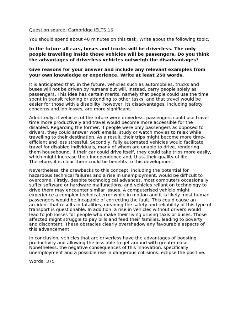 Task 2 Driverless Vehicles IELTS 16 | PDF | Vehicles | Transport