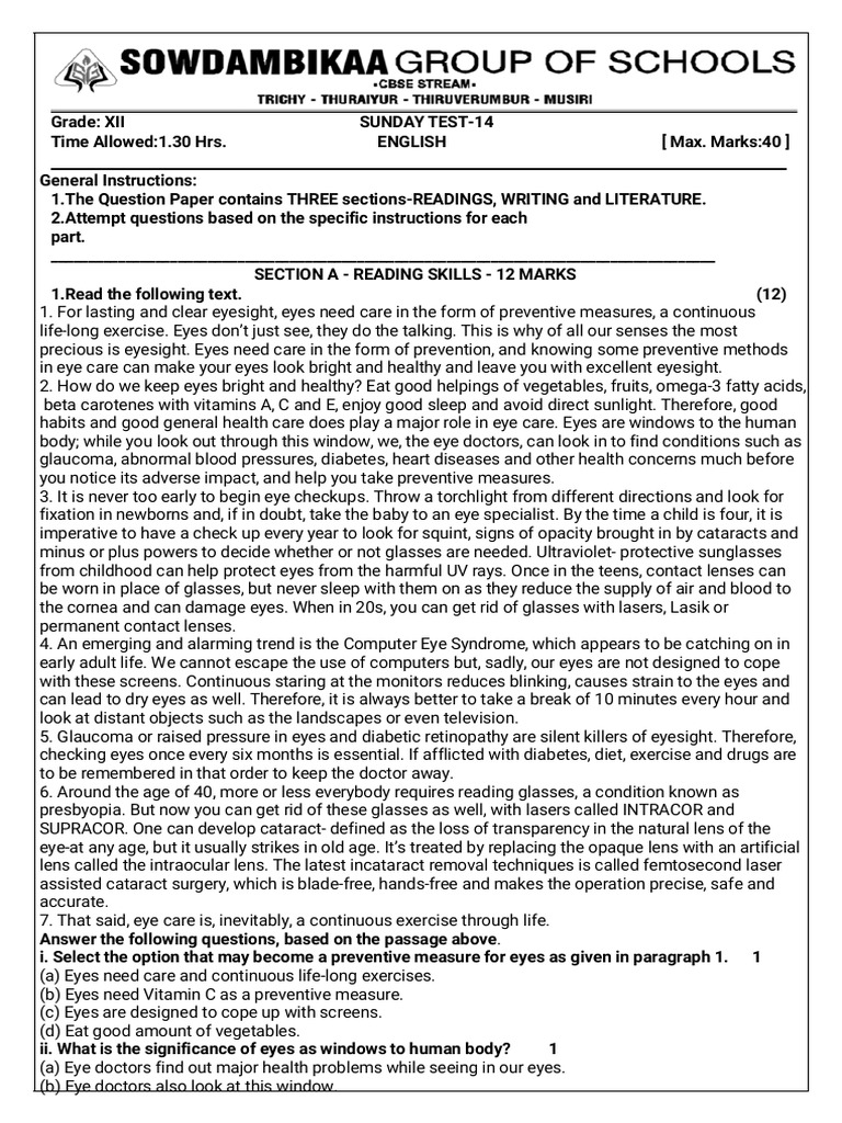 Grade-12 English Sunday Test | PDF | Glasses | Cataract