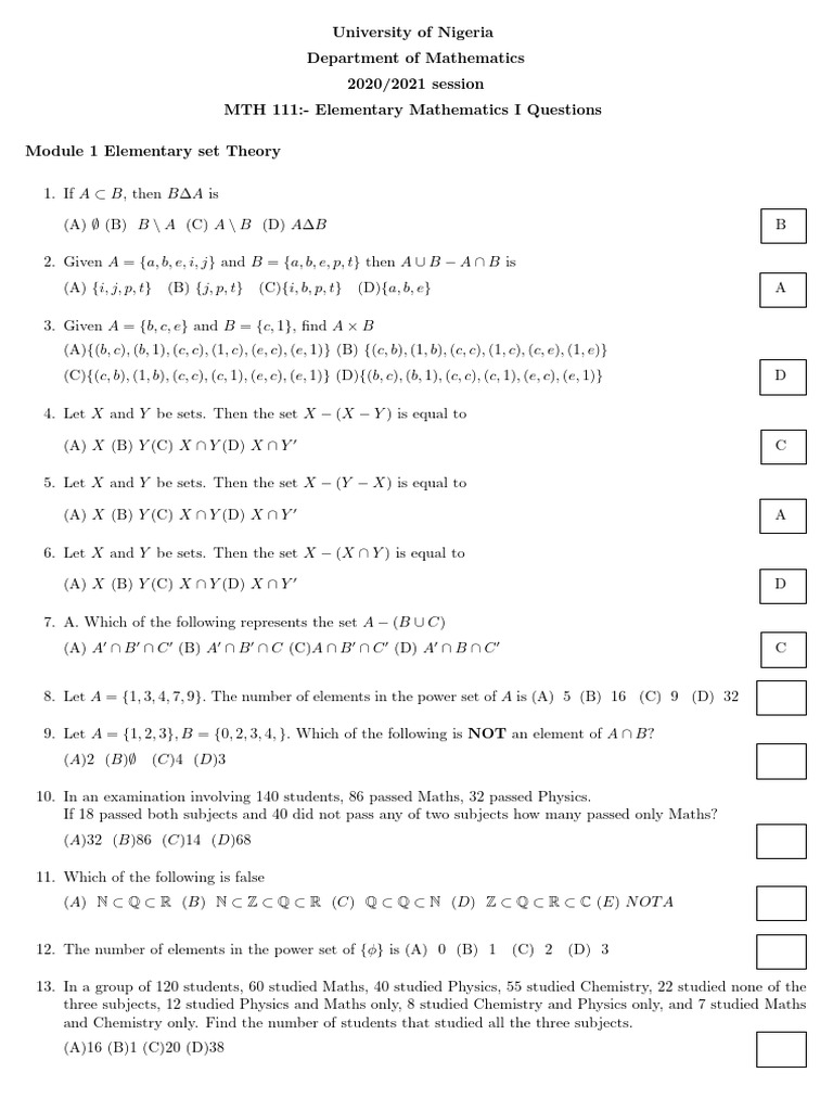 MTH 111: Elementary Mathematics Questions | PDF | Inequality ...