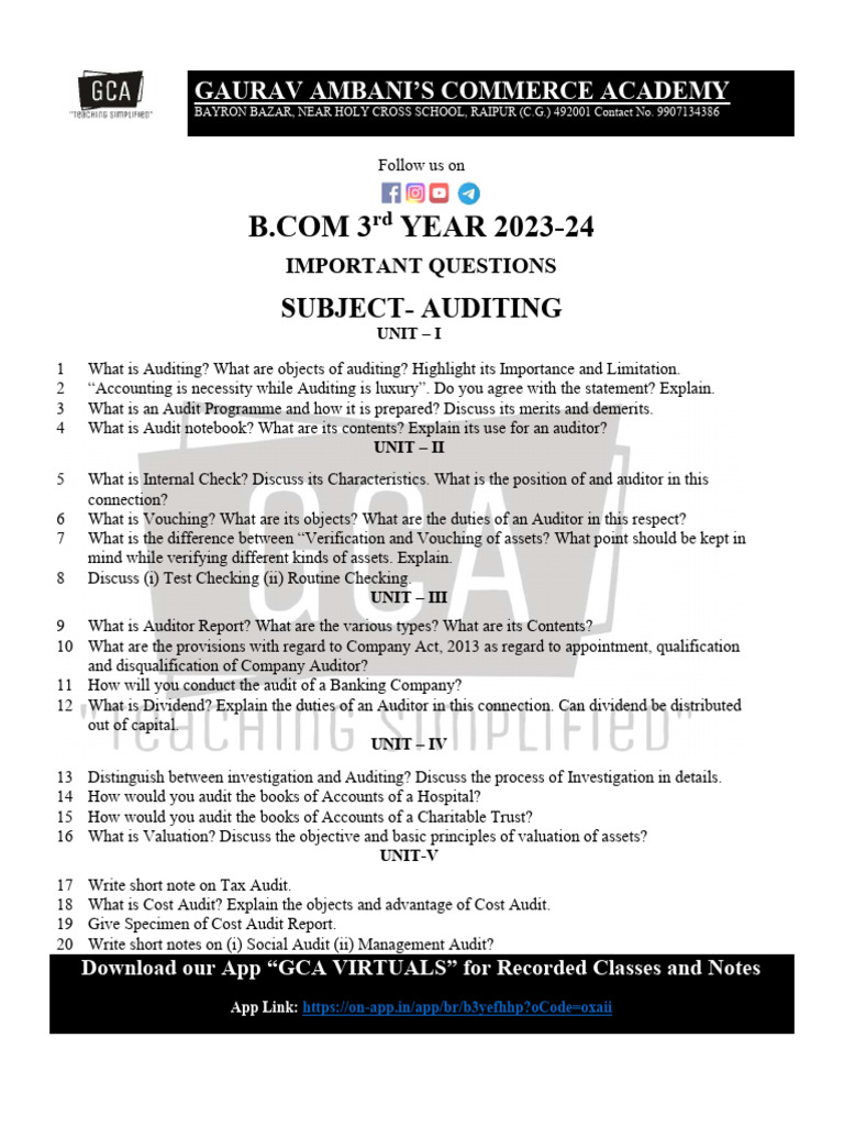 (GCA) Auditing Imp Questions | PDF | Audit | Financial Services