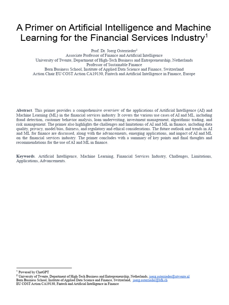 A Primer On Artificial Intelligence and Machine Learning For The Financial Services Industry ...