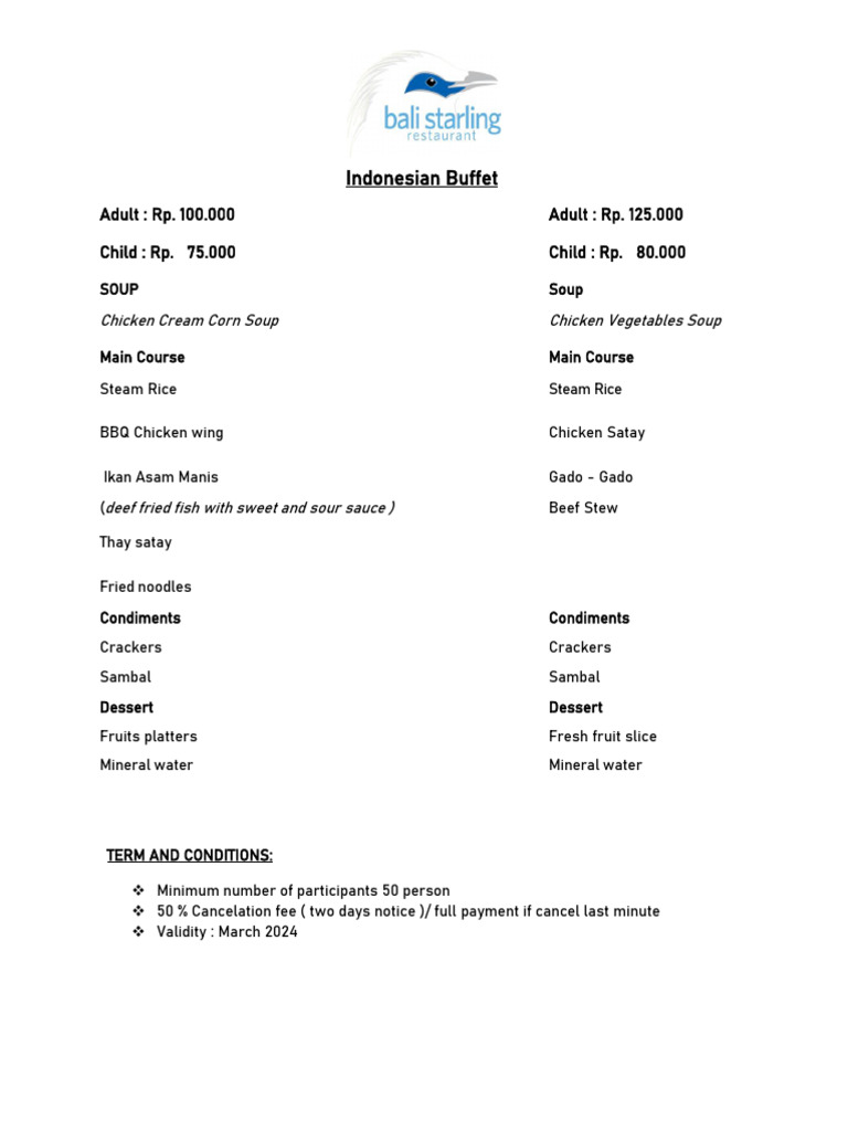 Indonesian Buffet Menu & Pricing | PDF