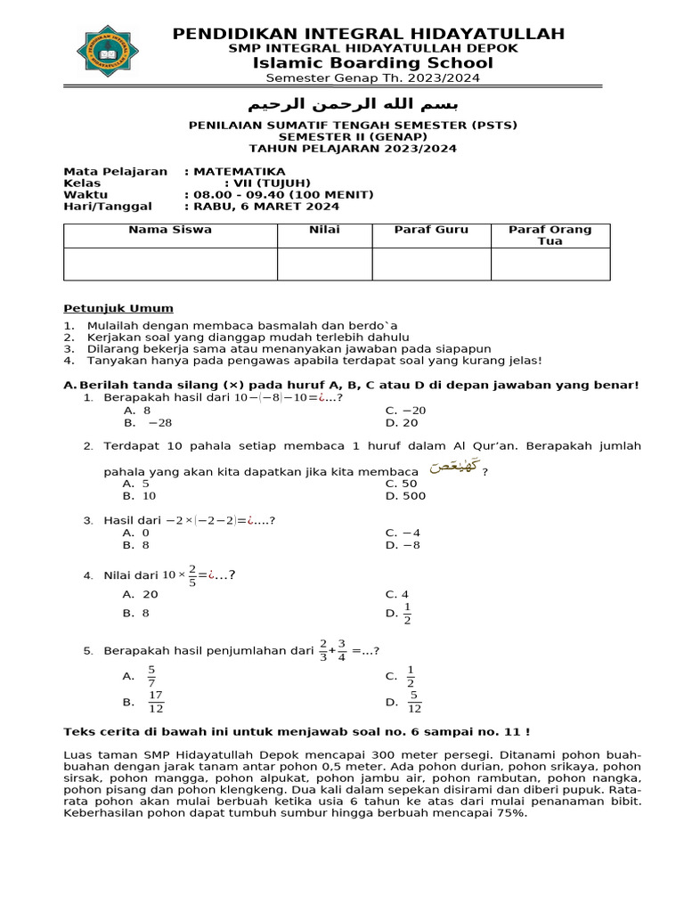 Soal PSTS Ii MTK TH 2023 2024 Kelas Vii Reguler | PDF
