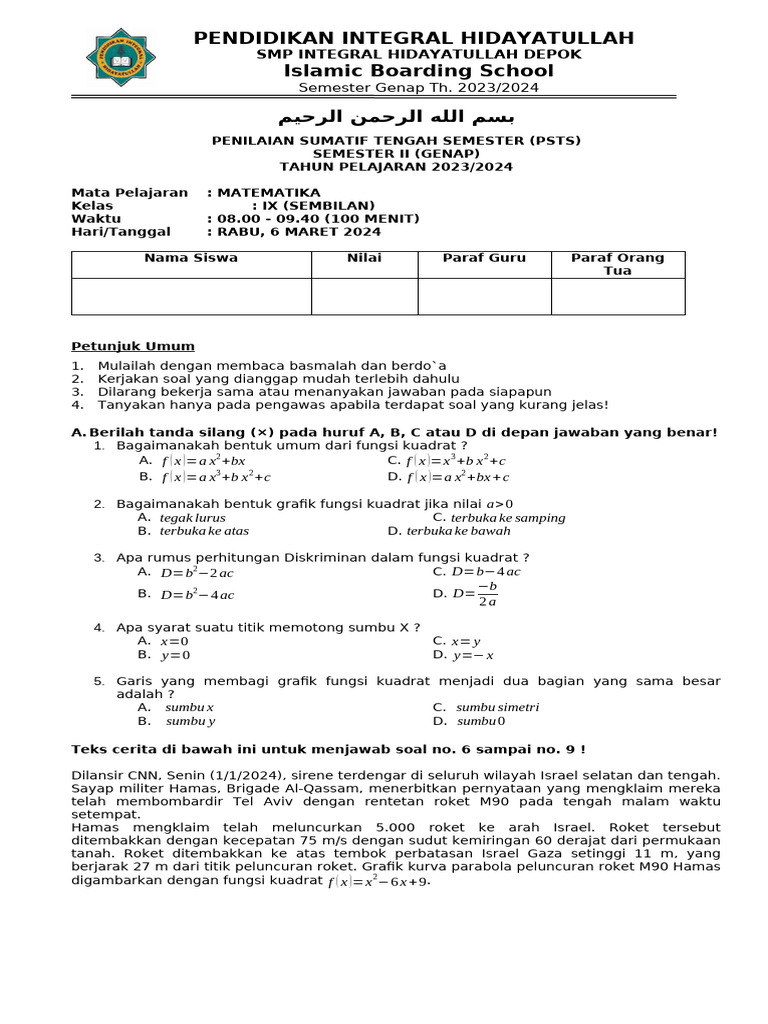 SOAL PSTS II MTK TH 2023 2024 KELAS IX REGULER | PDF