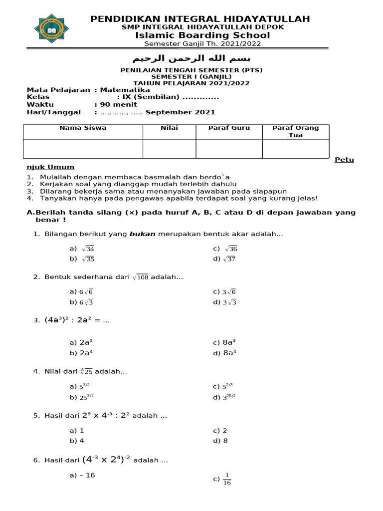 SOAL PTS I MTK KELAS 9 TH 21-22 | PDF