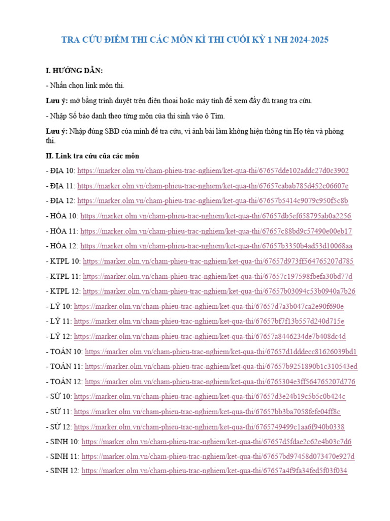 TRA CỨU ĐIỂM THI CK1 NH 24-25 | PDF