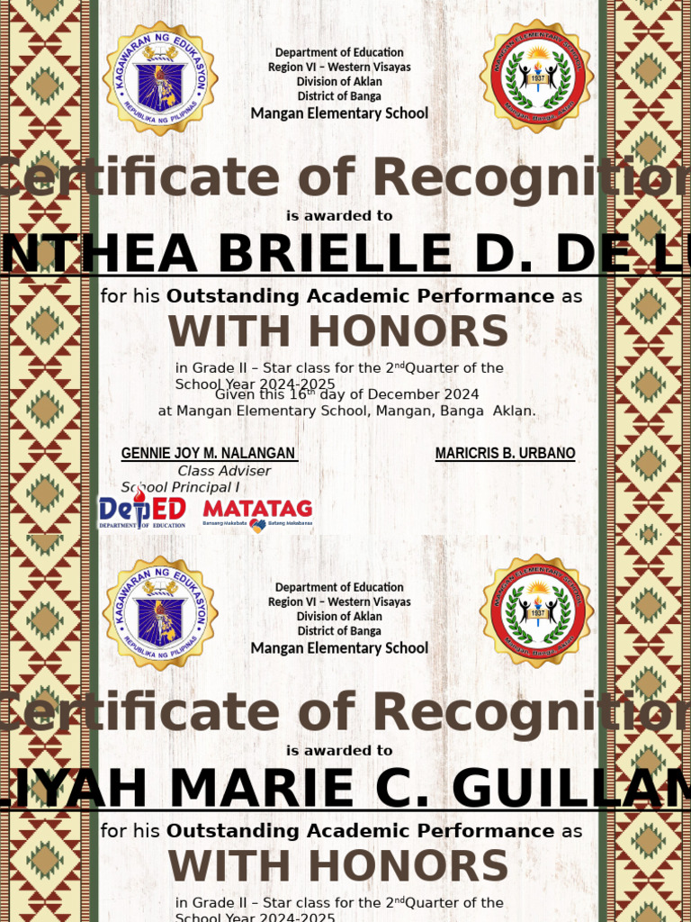 1st Quarter Academic Recognition Certificates | PDF