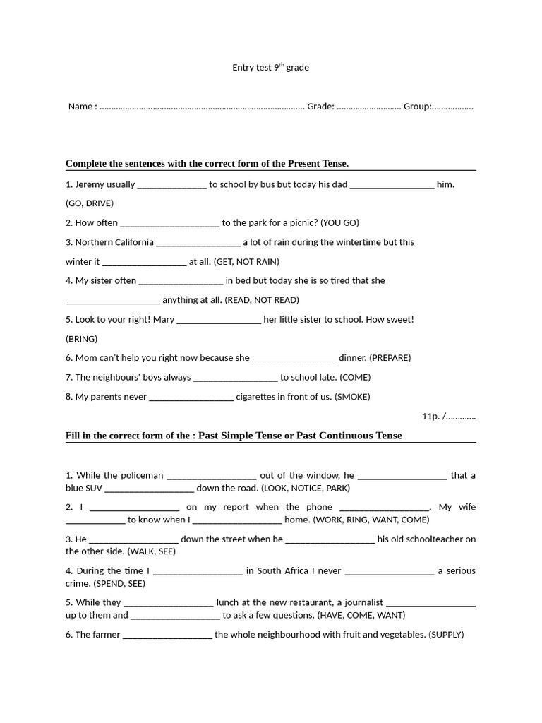 Entry Test 9th Grade, Group 1 | PDF
