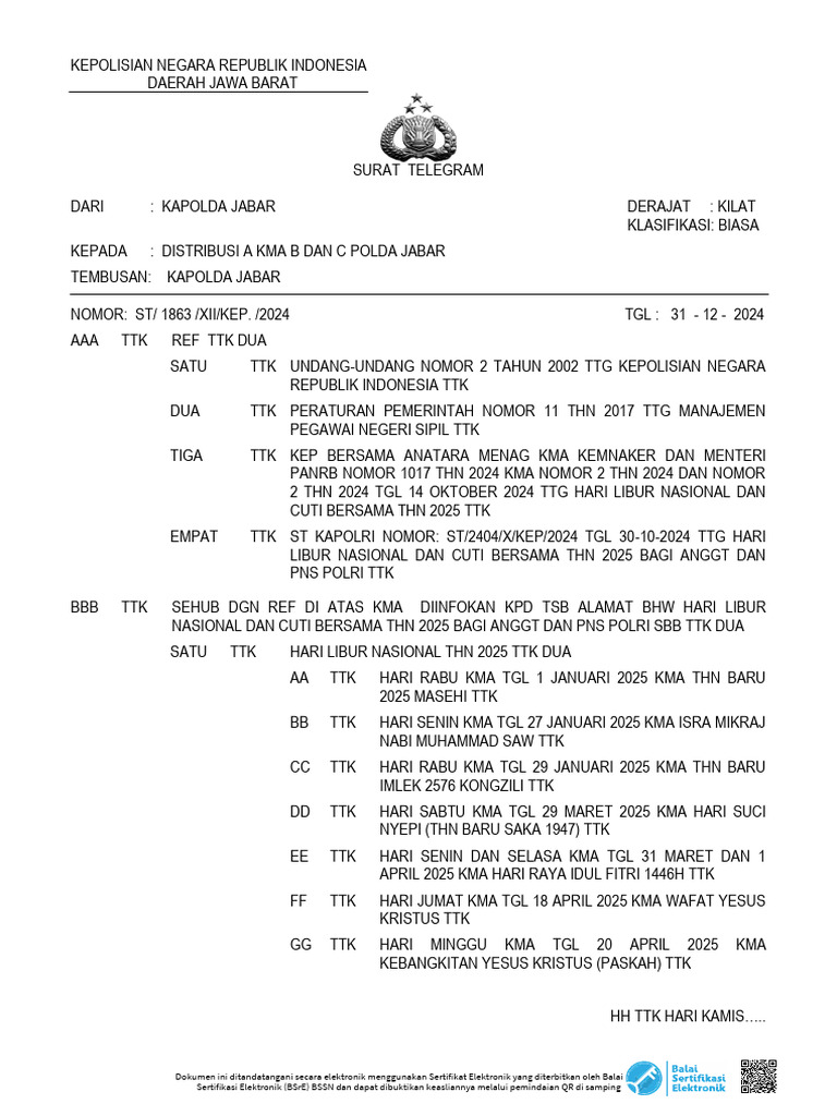 ST Cuti Bersama 2025 Tte | PDF