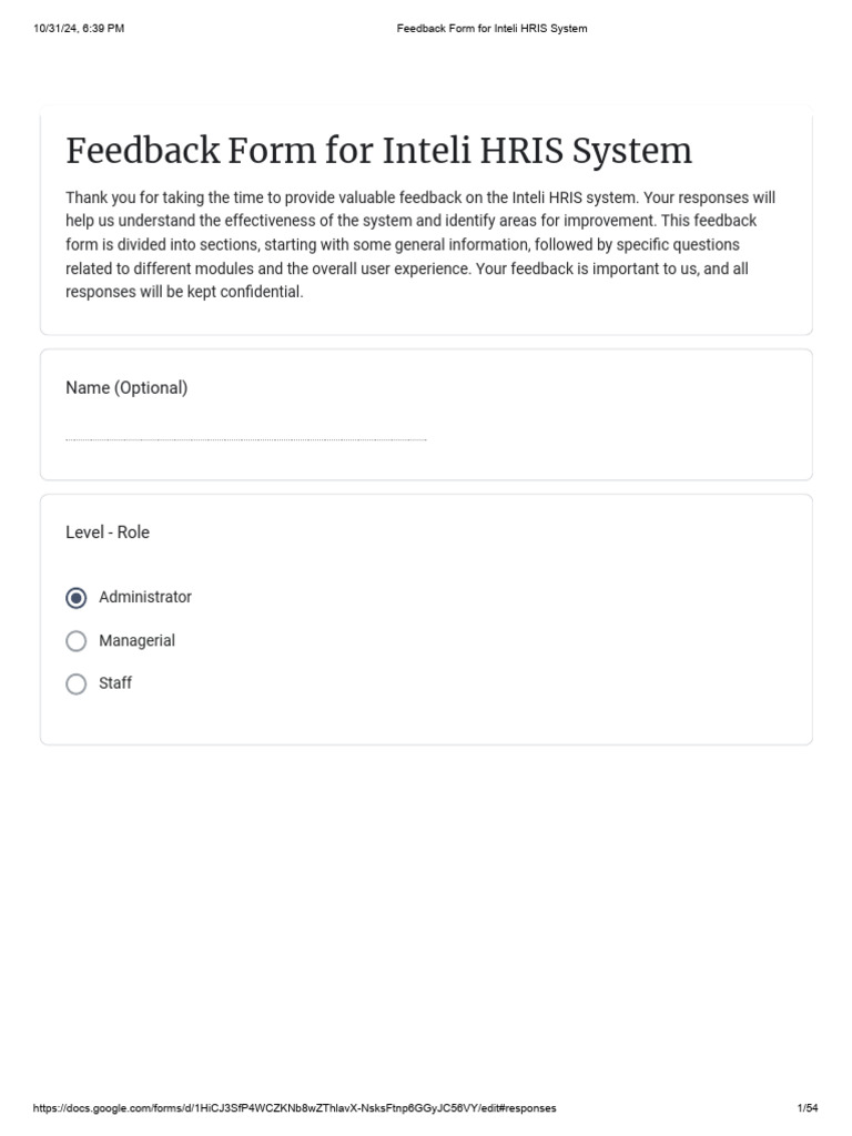 Feedback Form For Inteli HRIS System - Google Forms | PDF | Usability | Communication