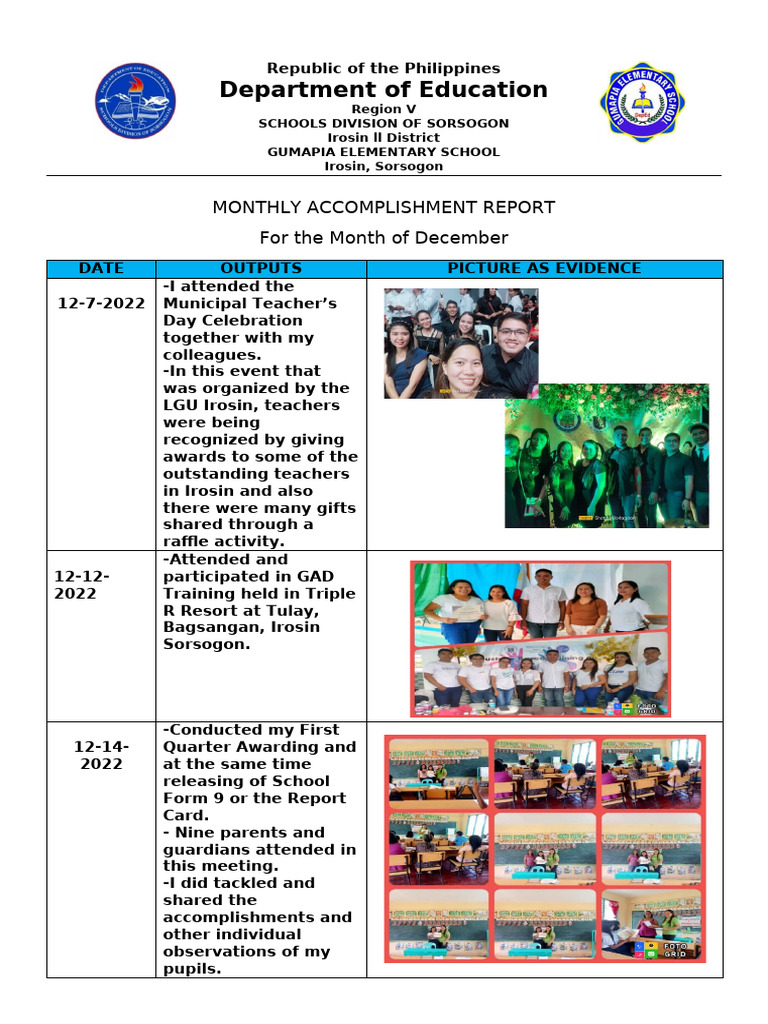 Monthly Accomplishment Report (December) | PDF