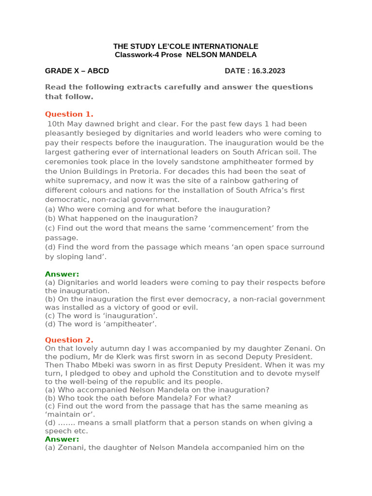 4.NELSON MANDELA Prose Classwork-4 | PDF | Nelson Mandela | Justice