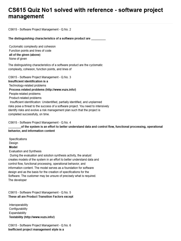 CS615 Quiz No1 Solved With Reference - Software Project Management | PDF | Project Management ...