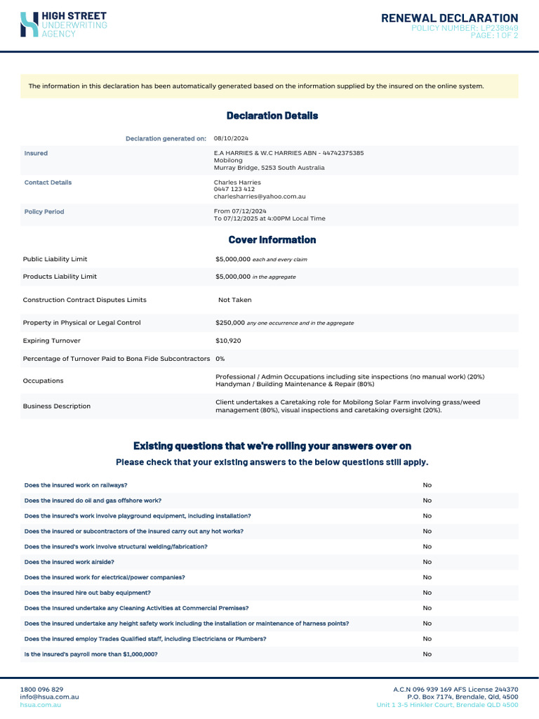 24-25 Incomplete Renewal Declaration - LP238949-587291 | PDF