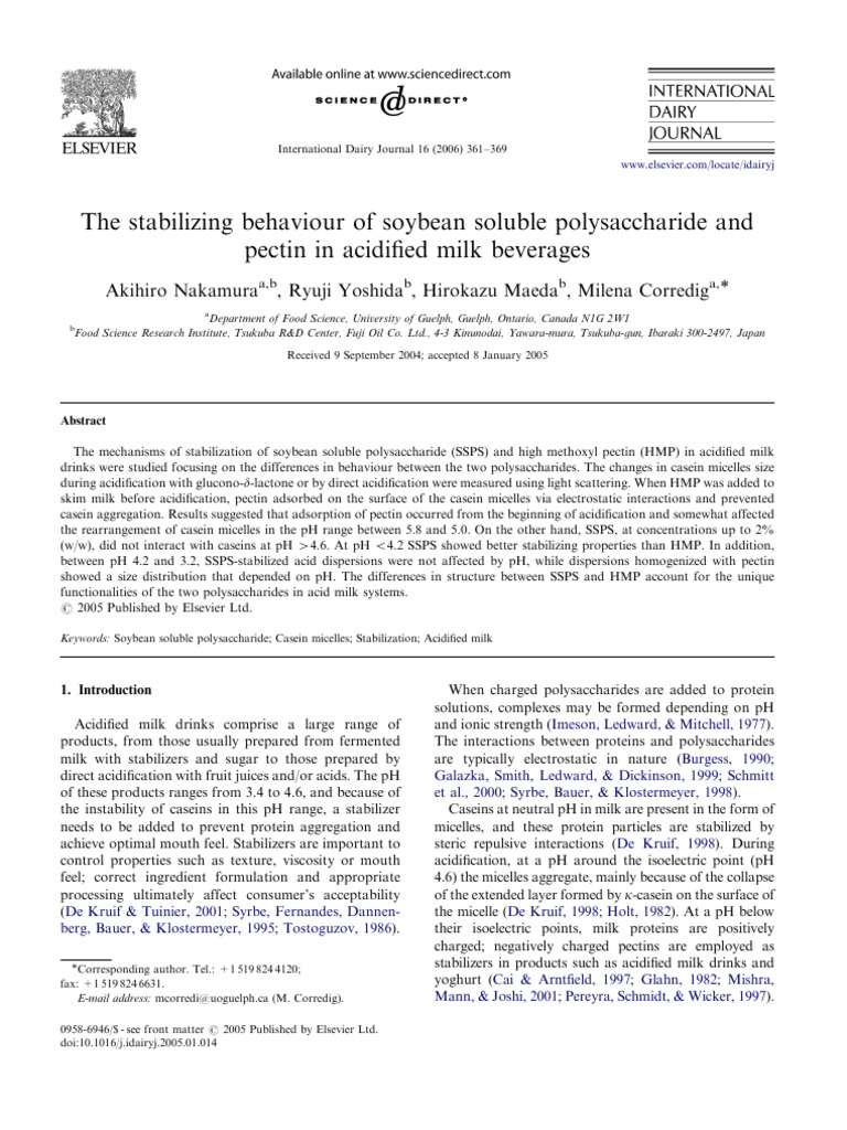 The Stabilizing Behaviour of Soybean Soluble Polysaccharide and Pectin ...