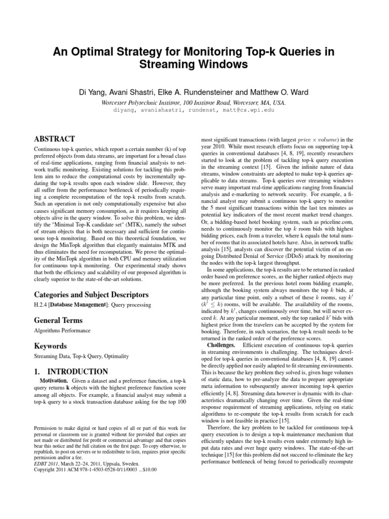 An Optimal Strategy for Monitoring Top-k Queries in Streaming Windows | PDF | Databases | Algorithms