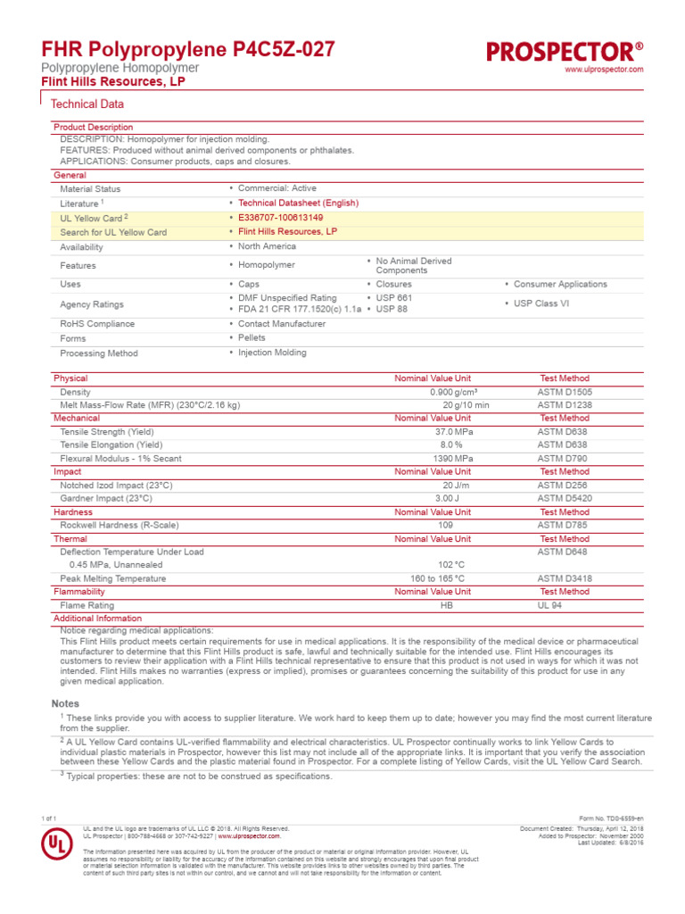 PP-TDS FHR Polypropylene P4C5Z-027 | PDF | Polymers | Hardness